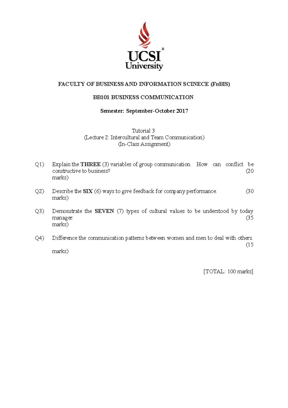 BB101 Tutorial 3 - FACULTY OF BUSINESS AND INFORMATION SCINECE (FoBIS ...