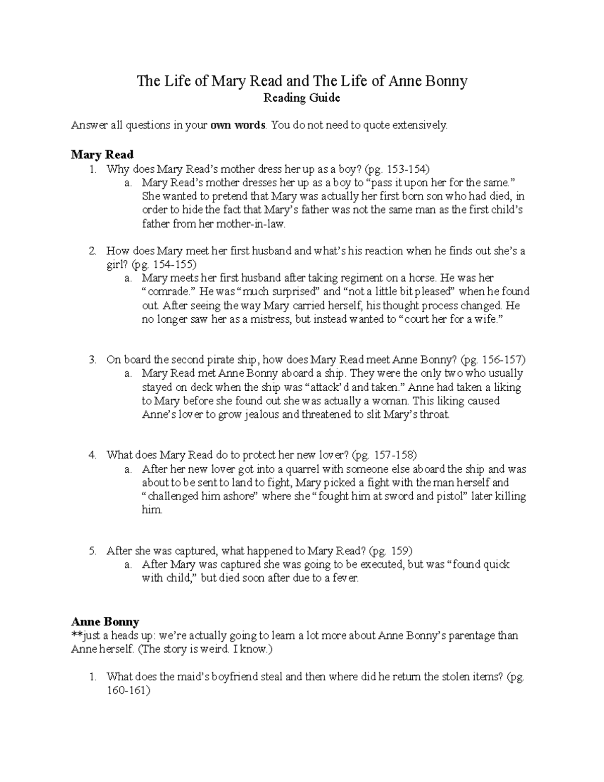 Read and Bonny Reading Guide - The Life of Mary Read and The Life of ...