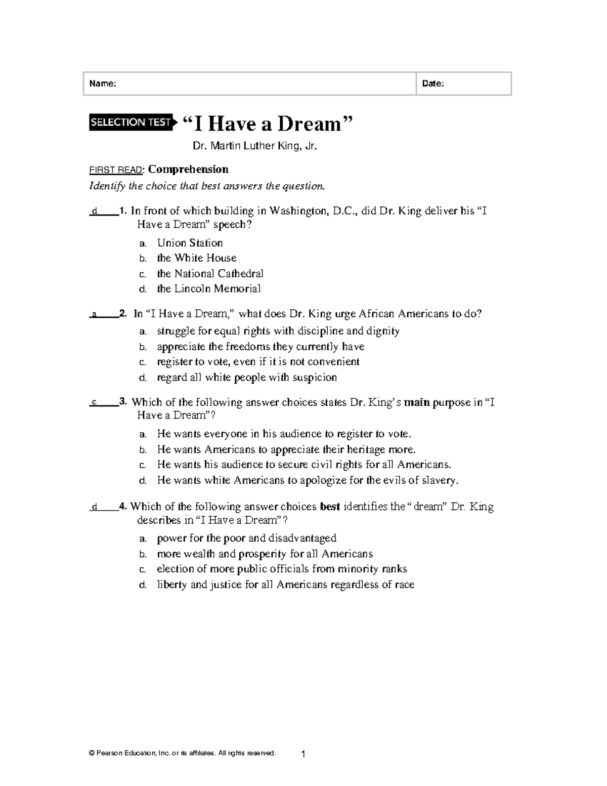 Selection i have a dream 2 - “I Have a Dream” Dr. Martin Luther King ...