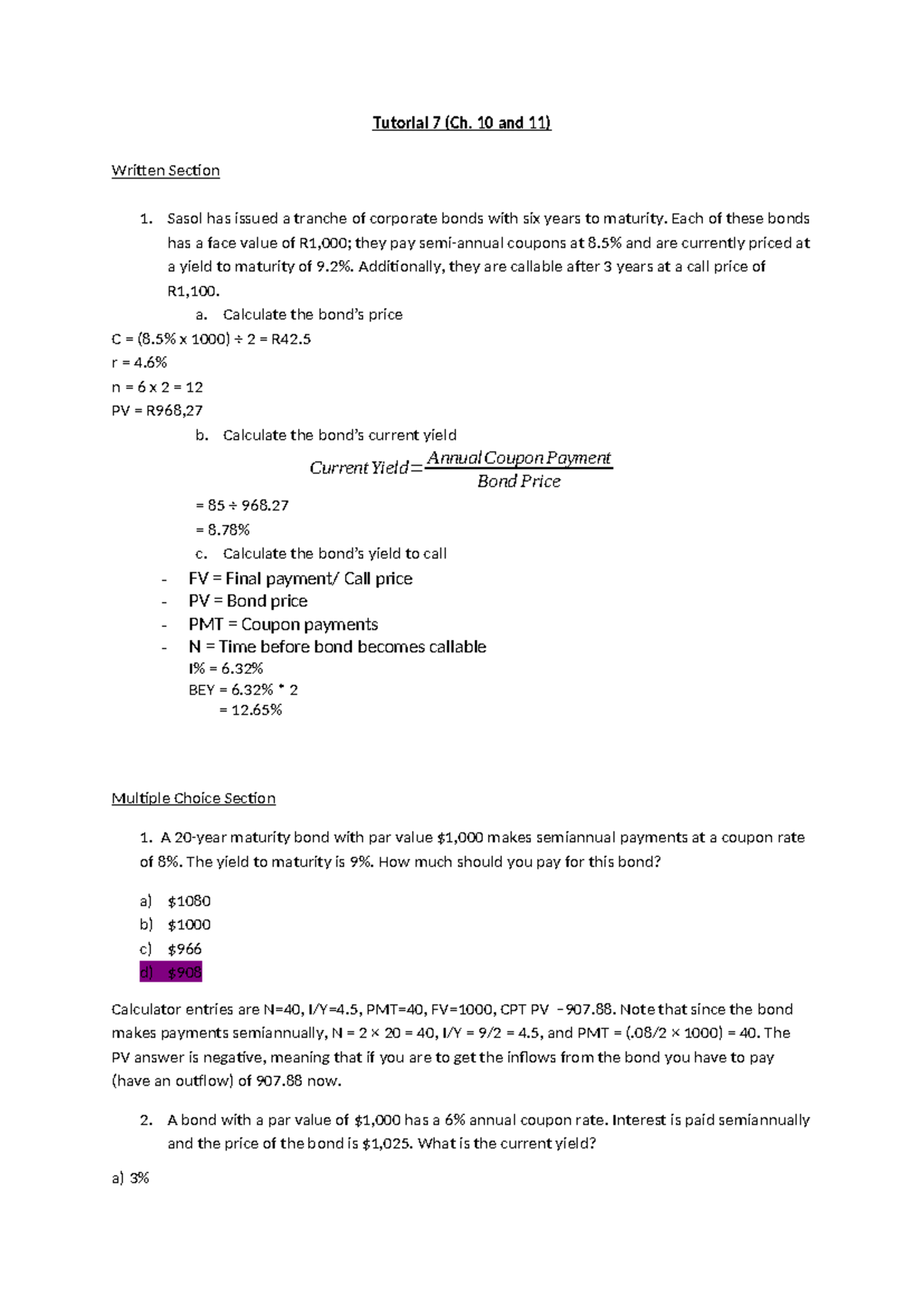 7. Tutorial 7 Questions 2024 (Ch 10) - Tutorial 7 (Ch. 10 and 11) Written Section 1. Sasol has ...