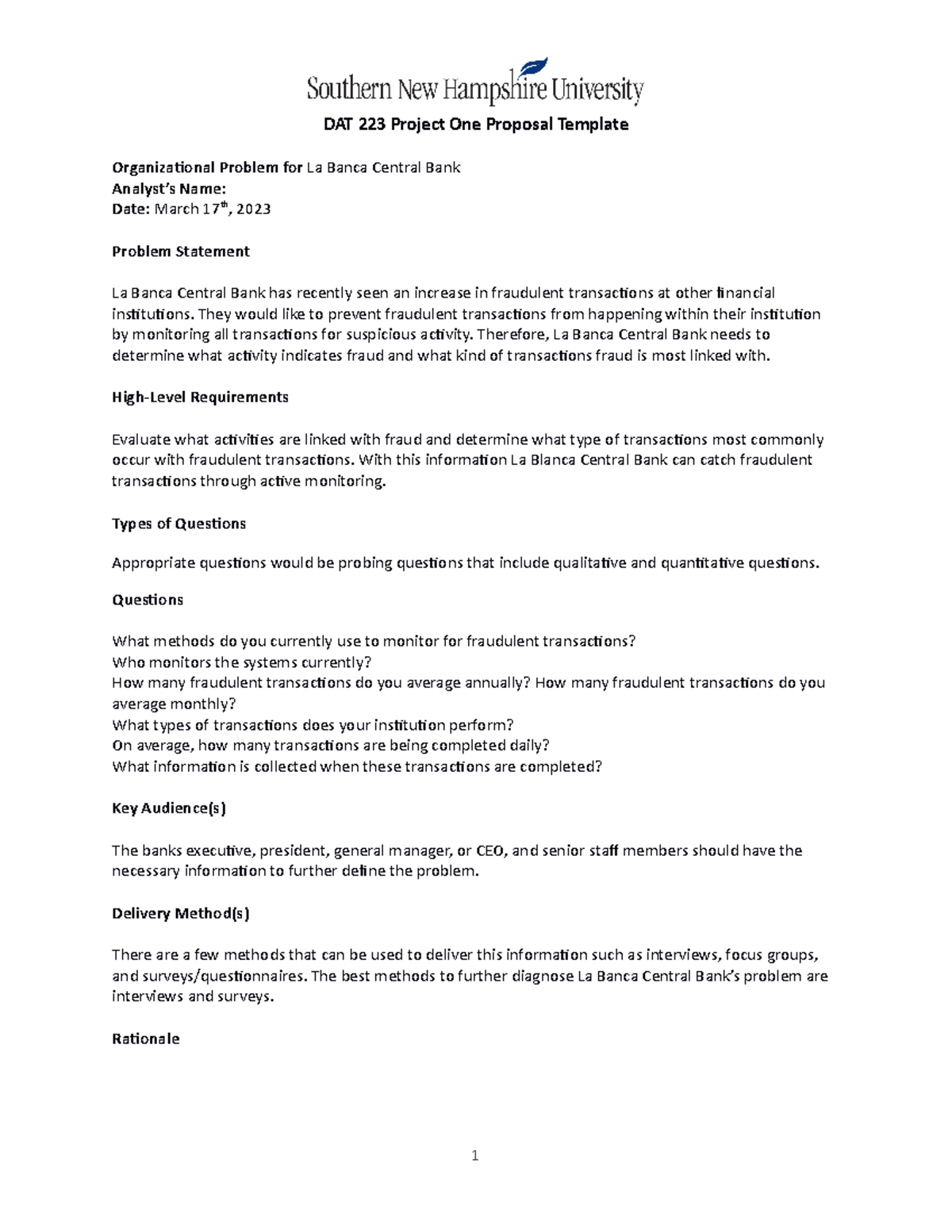 DAT 223 Project One Proposal Docu - They would like to prevent ...