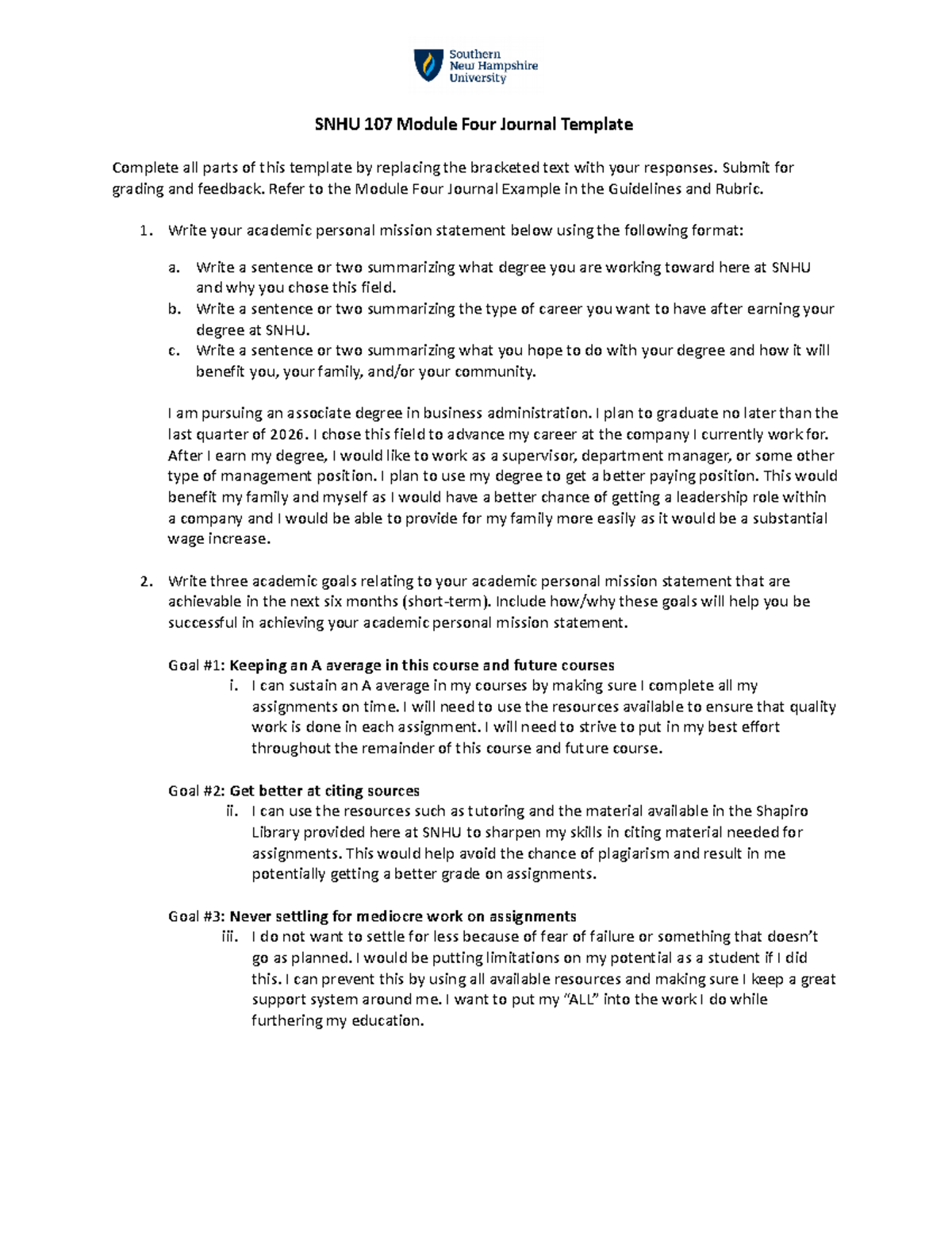 SNHU 107 Module 4 Journal - SNHU 107 Module Four Journal Template ...