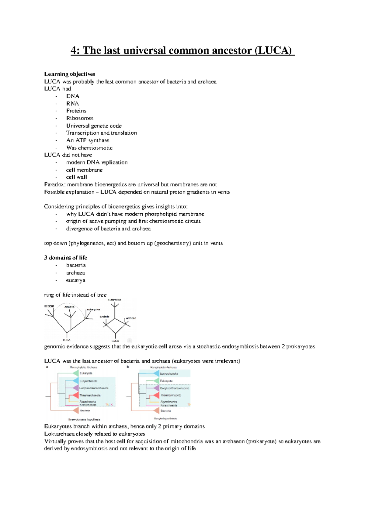 4 LUCA - Lecture notes 4 - 4: The last universal common ancestor (LUCA ...