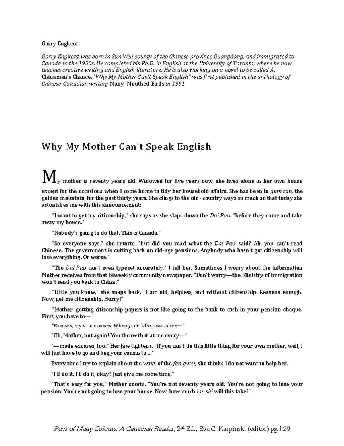 Why My Mother Cant Speak English - Garry Engkent Garry Engkent was born ...