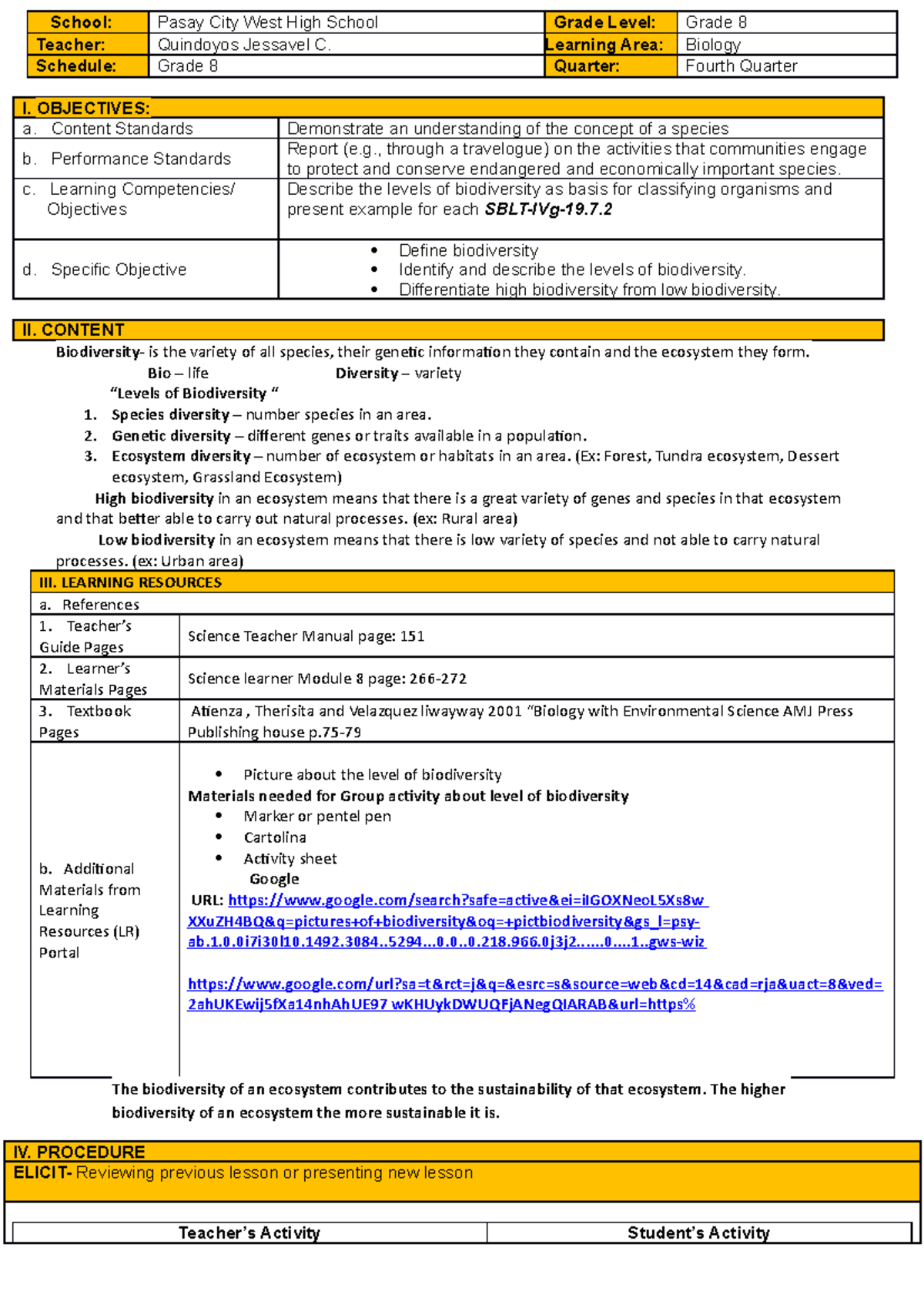 Biodiversity-lp - iT IS VERY HELPFUL - School: Pasay City West High ...