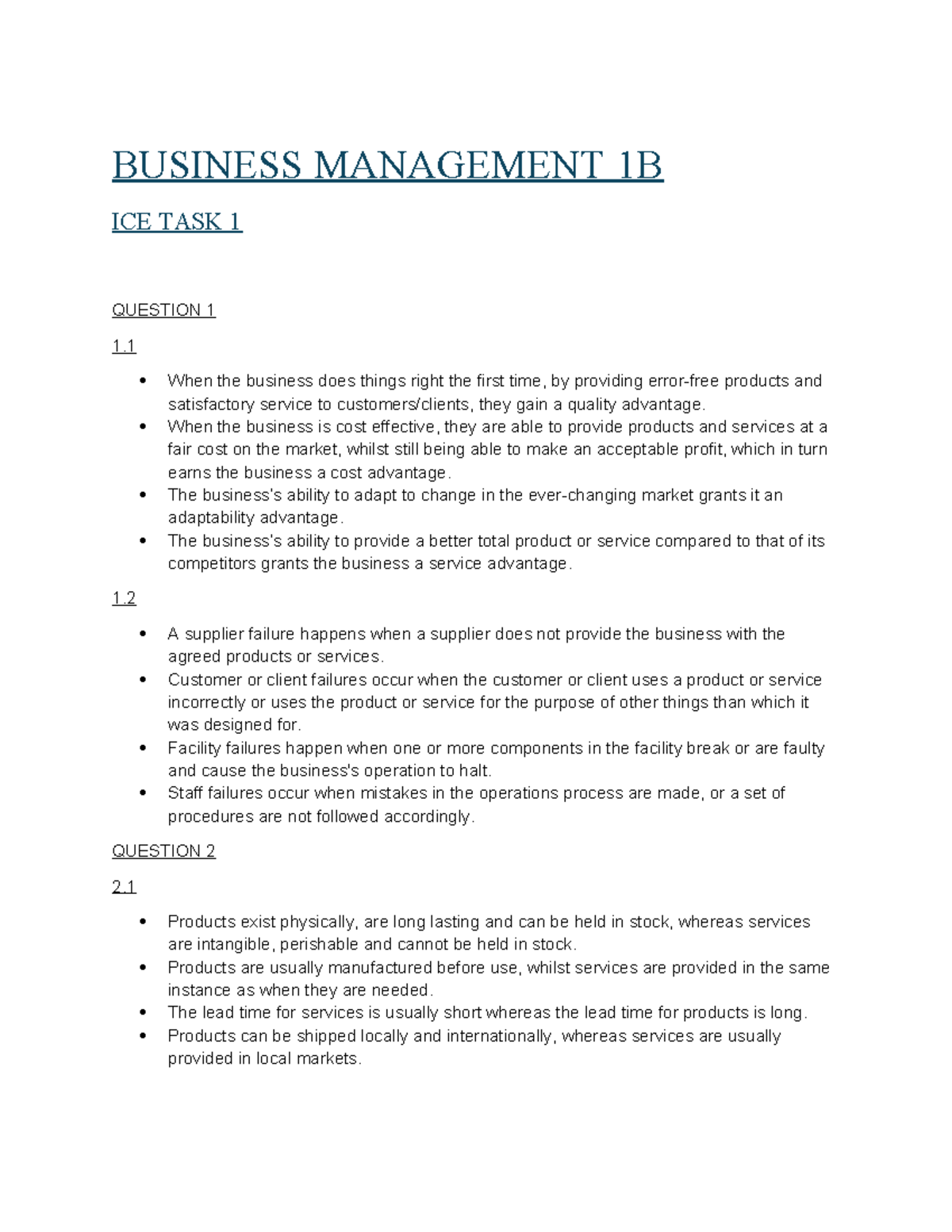 business management notes - BUSINESS MANAGEMENT 1B ICE TASK 1 QUESTION ...
