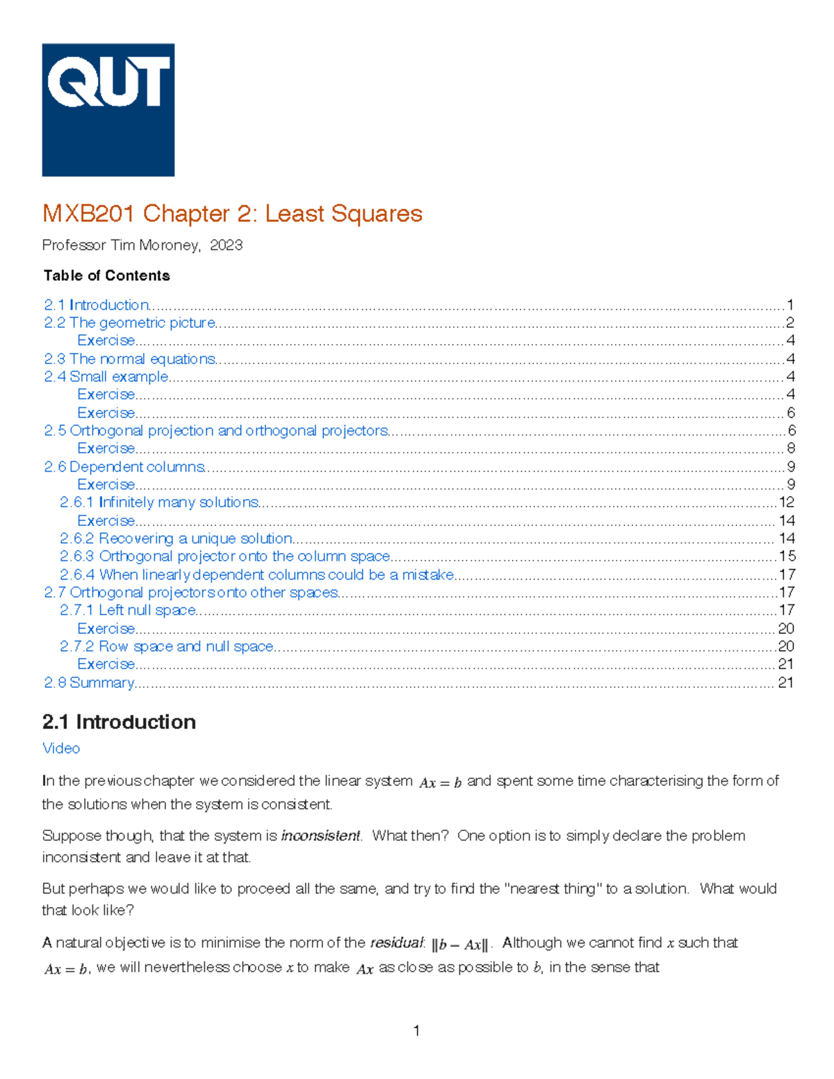 MXB201 2023 Chapter 2 - MXB201 Chapter 2: Least Squares Professor Tim ...