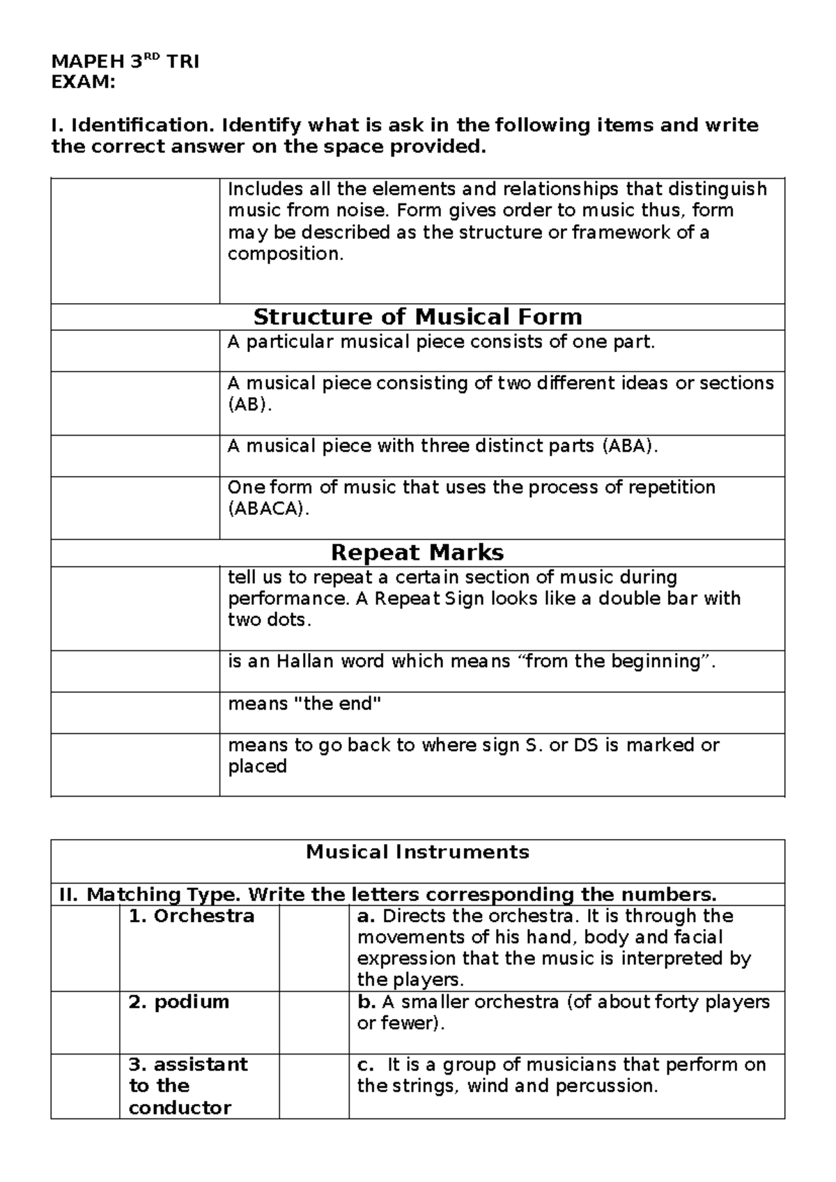 Mapeh 3rd Tri EXAM - MAPEH 3RD TRI EXAM: I. Identification. Identify ...