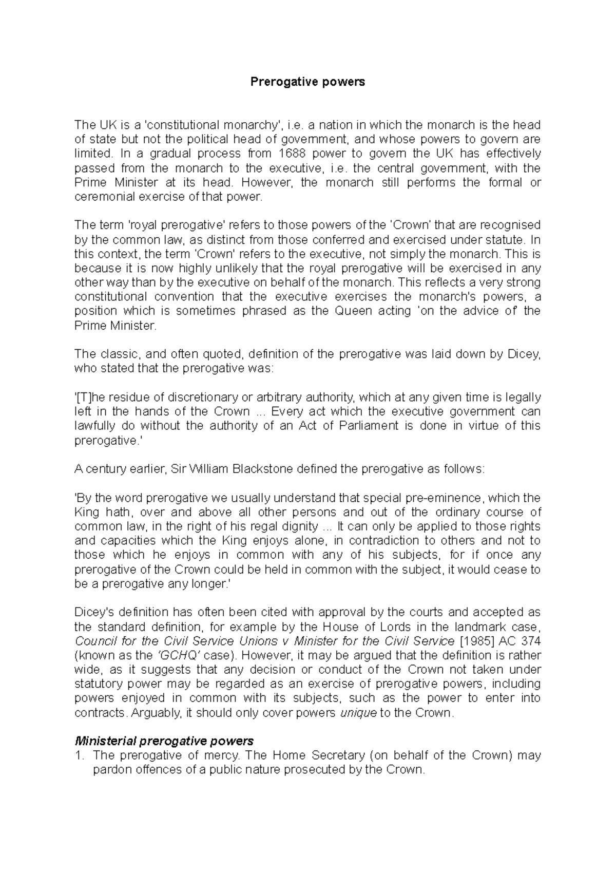 Prerogative powers - Prerogative powers The UK is a 'constitutional ...