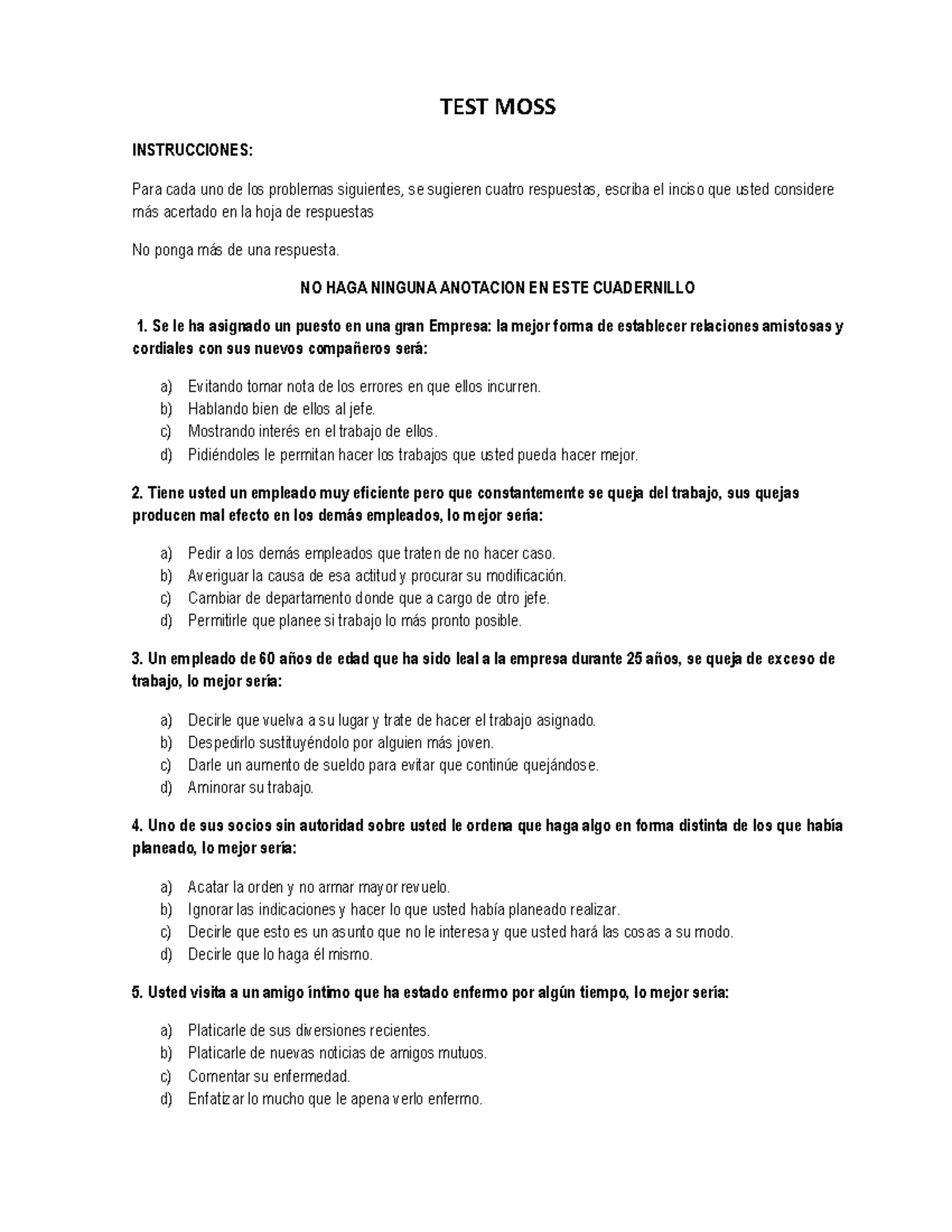 Cuadernillo de TEST MOSS - TEST MOSS INSTRUCCIONES: Para cada uno de ...