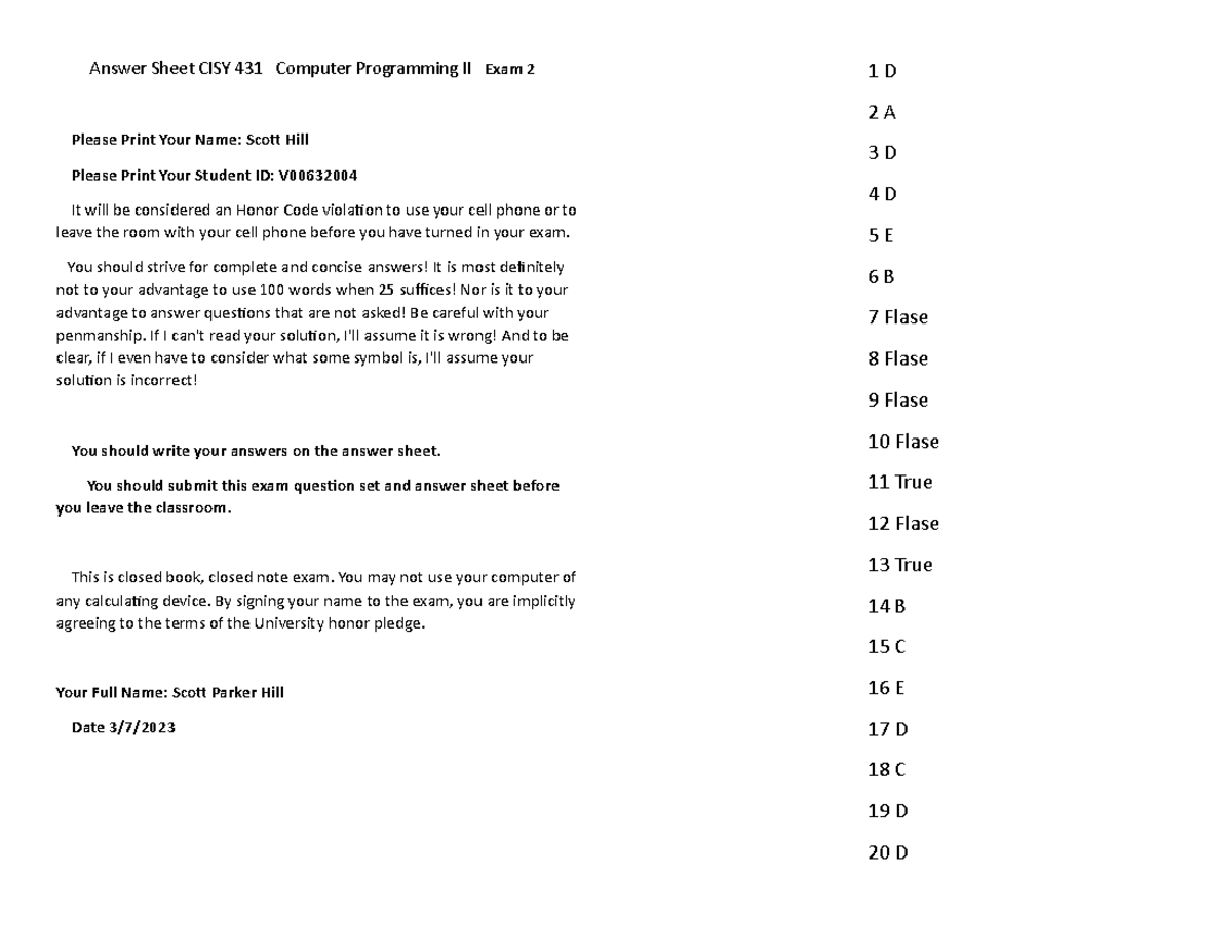 Answer Sheet CISY 431 exam two - Answer Sheet CISY 431 Computer ...