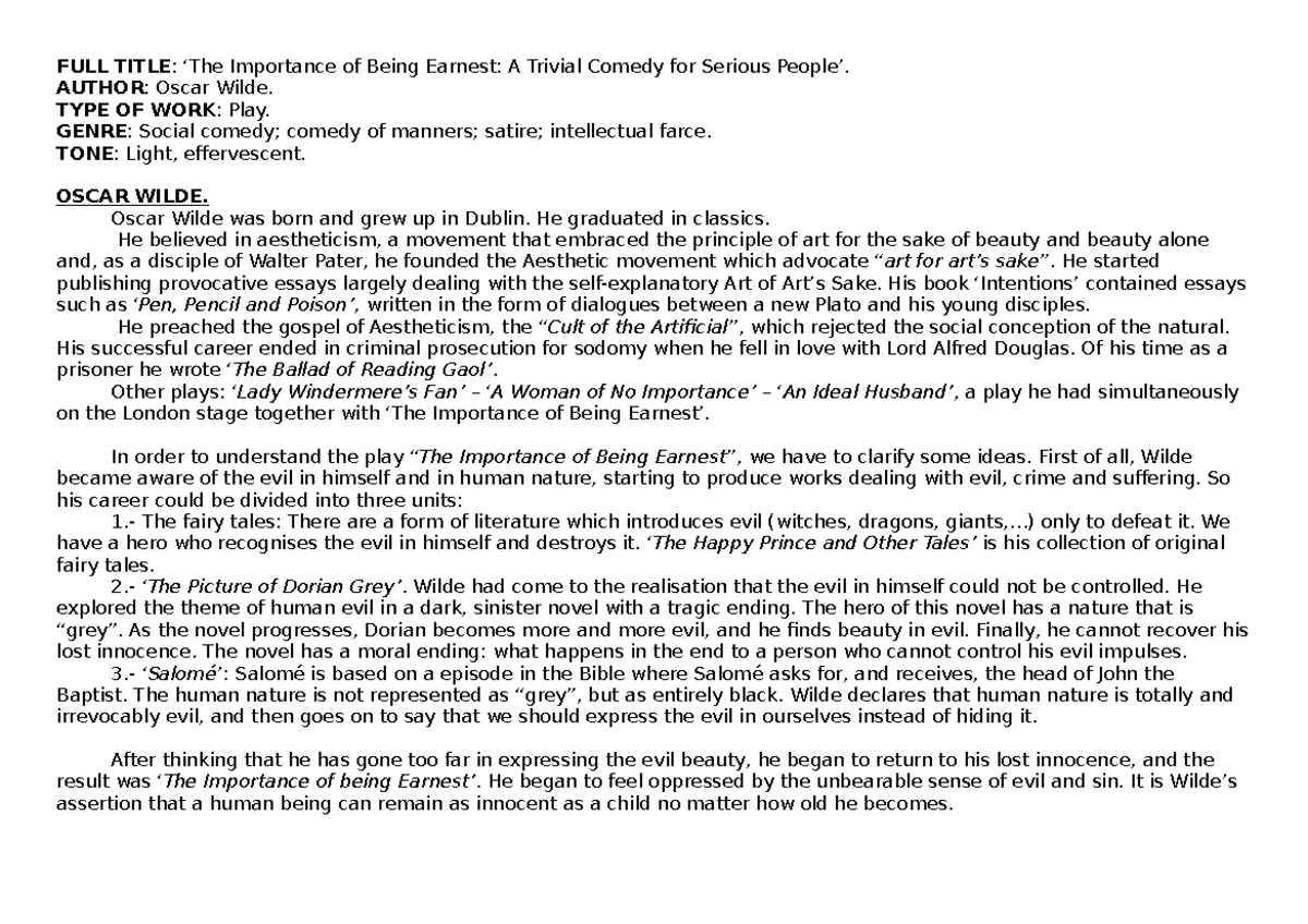 Oscar Wilde - THE Importance OF Being Earnest - FULL TITLE : ‘The ...