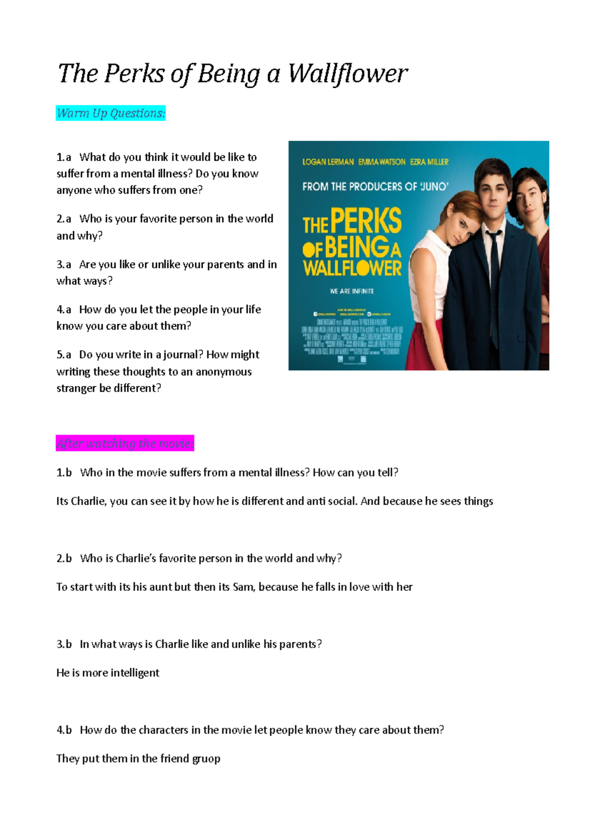 Handout The Perks of Being a Wallflower - The Perks of Being a ...