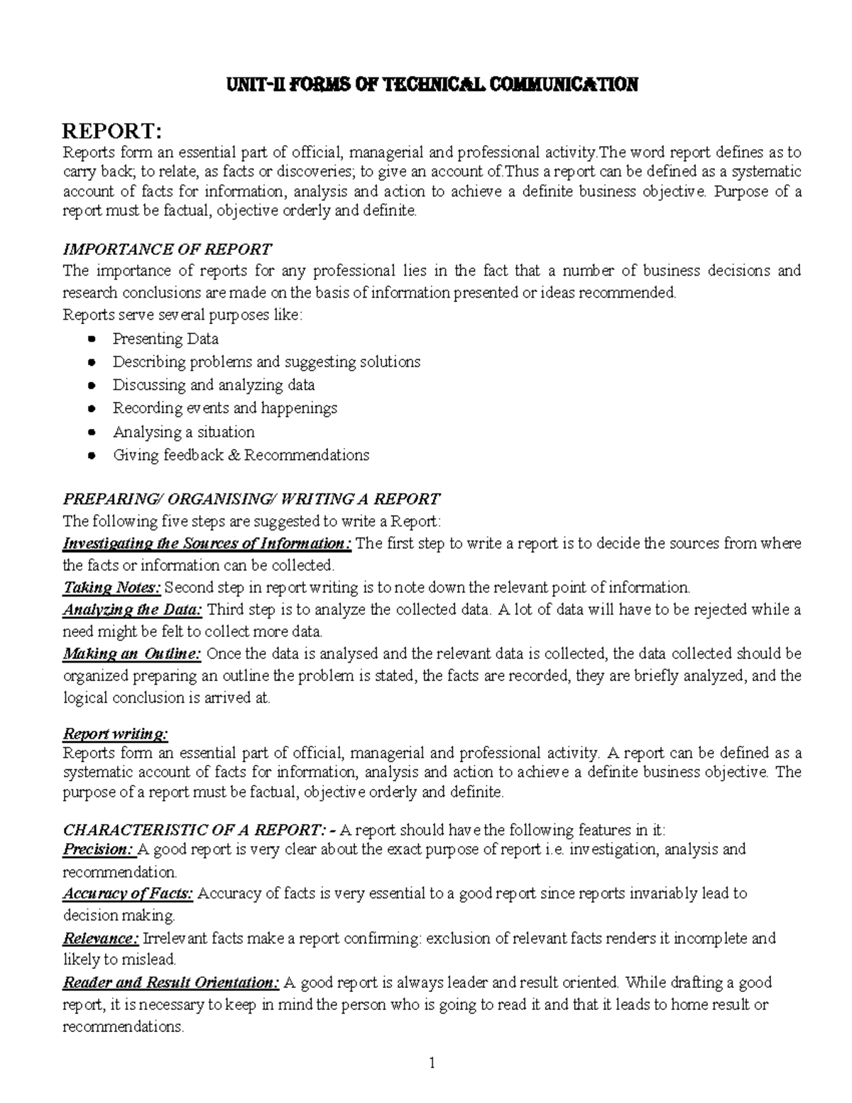 Technical communication unit 2 - REPORT: Reports form an essential part of official, managerial ...