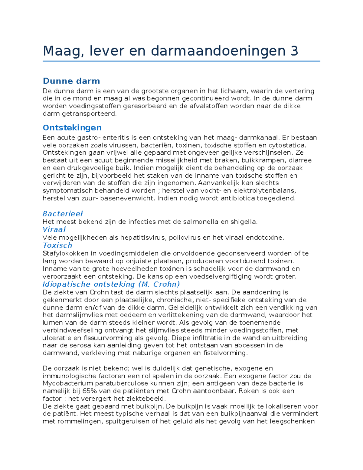 Samenvatting maag darm en leveraandoeningen 3 - Maag, lever en darmaandoeningen 3 Dunne darm De ...