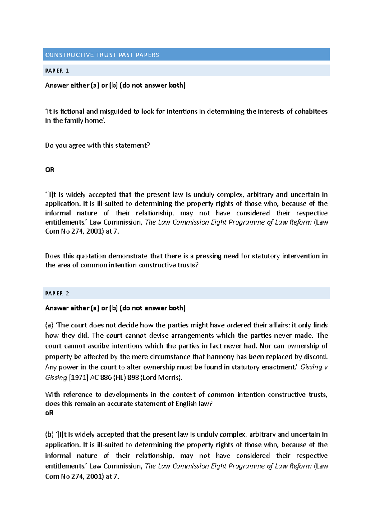 Constructive trust past papers - CONSTRUCTIVE TRUST PAST PAPERS PAPER 1 ...