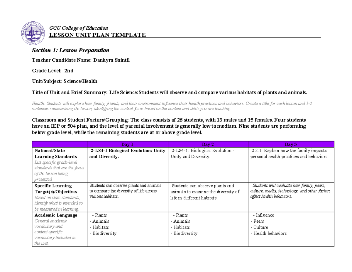 3-day unit plan template (1) - Section 1: Lesson Preparation Teacher ...