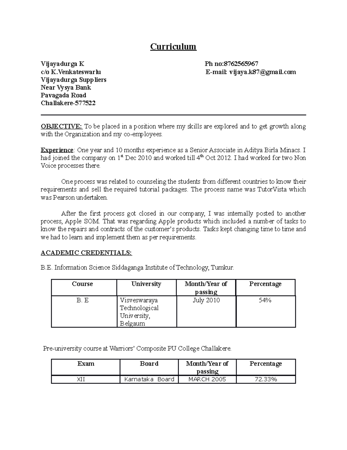 Vijayadurga Resume - test - Curriculum Vijayadurga K Ph no: c/o K E ...