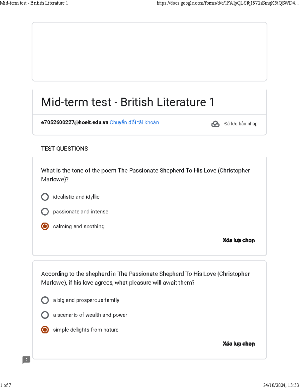 Mid-term test - British Literature 1 - Giáo dục quốc phòng 3-4 - Studocu
