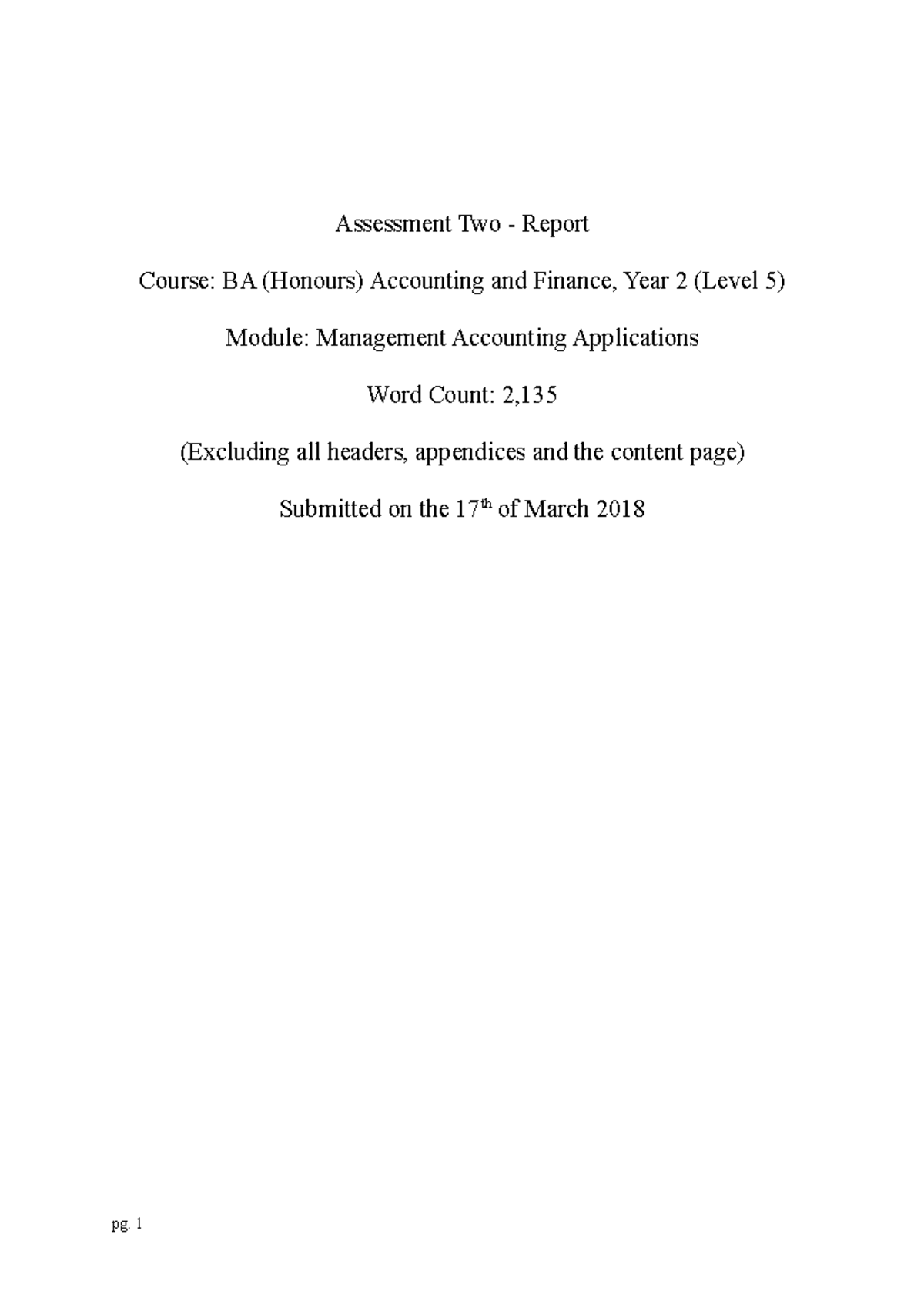 Management Accounting Report - Assessment Two Report Course: BA ...