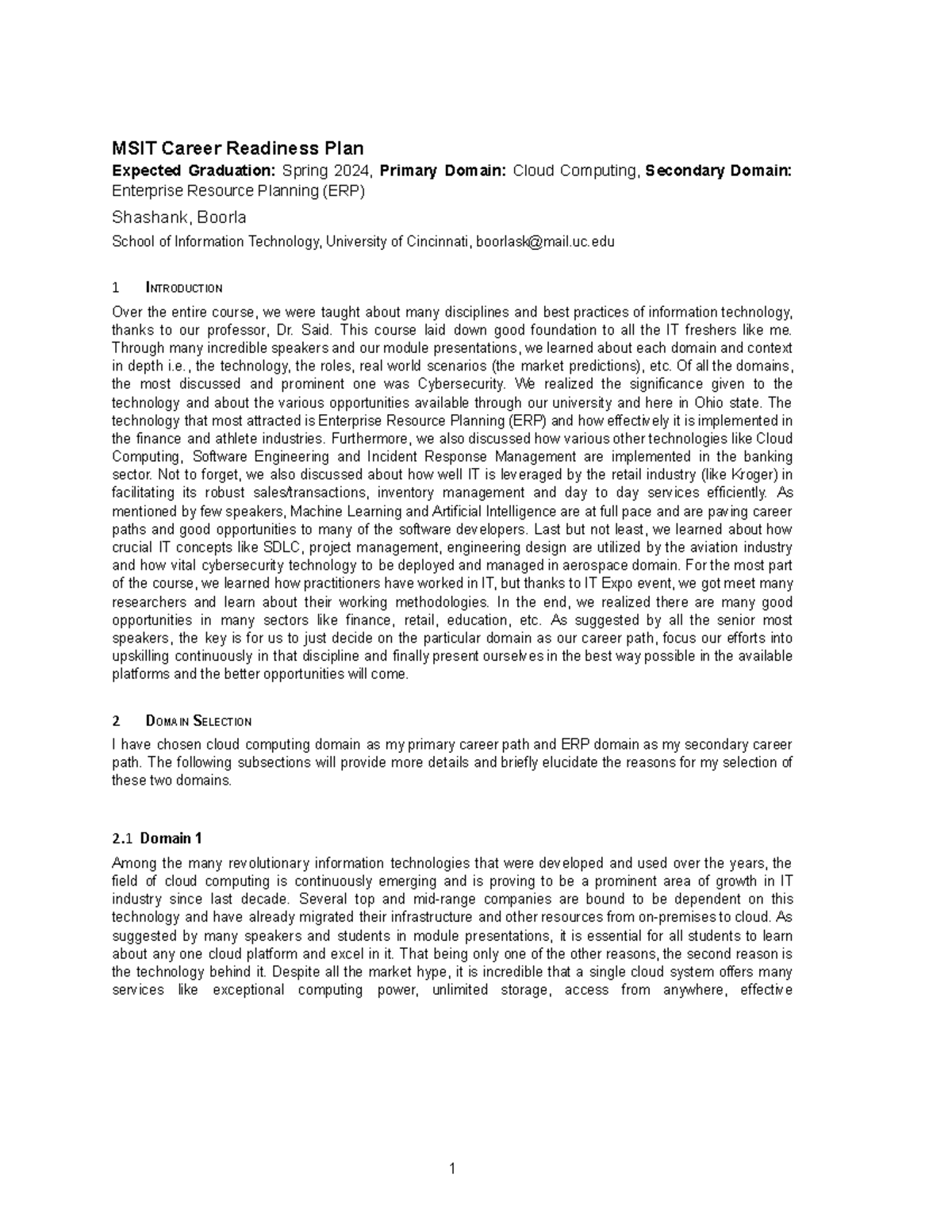 MSIT Career Plan Report - MSIT Career Readiness Plan Expected ...