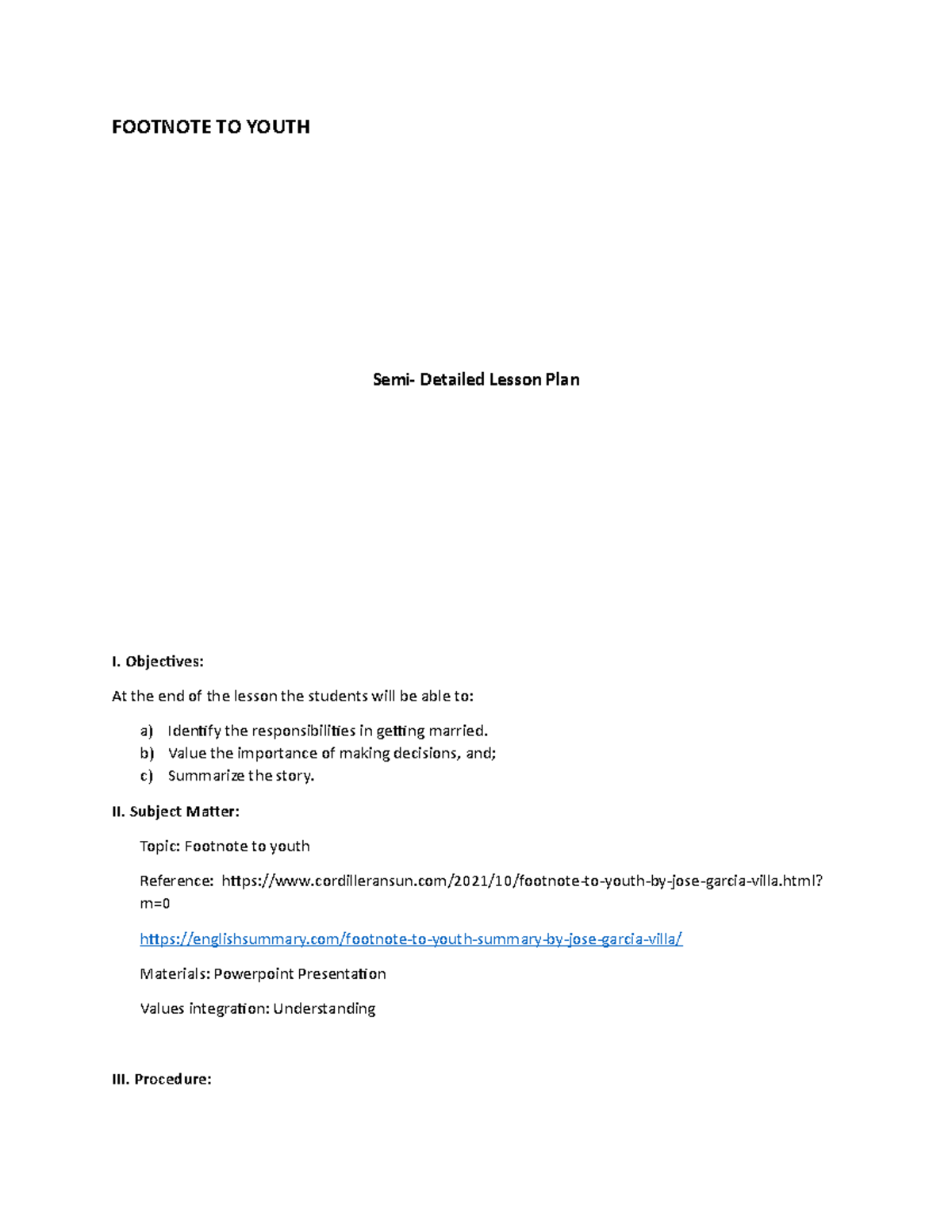 Footnite TO Youth Lesson PLAN - FOOTNOTE TO YOUTH Semi- Detailed Lesson ...