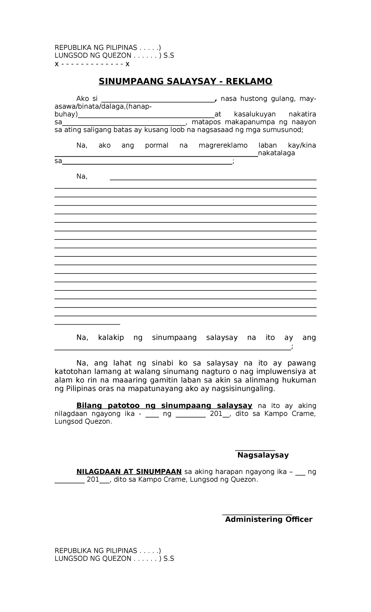 Sinumpaang Salaysay - REPUBLIKA NG PILIPINAS.... .) LUNGSOD NG QUEZON ...