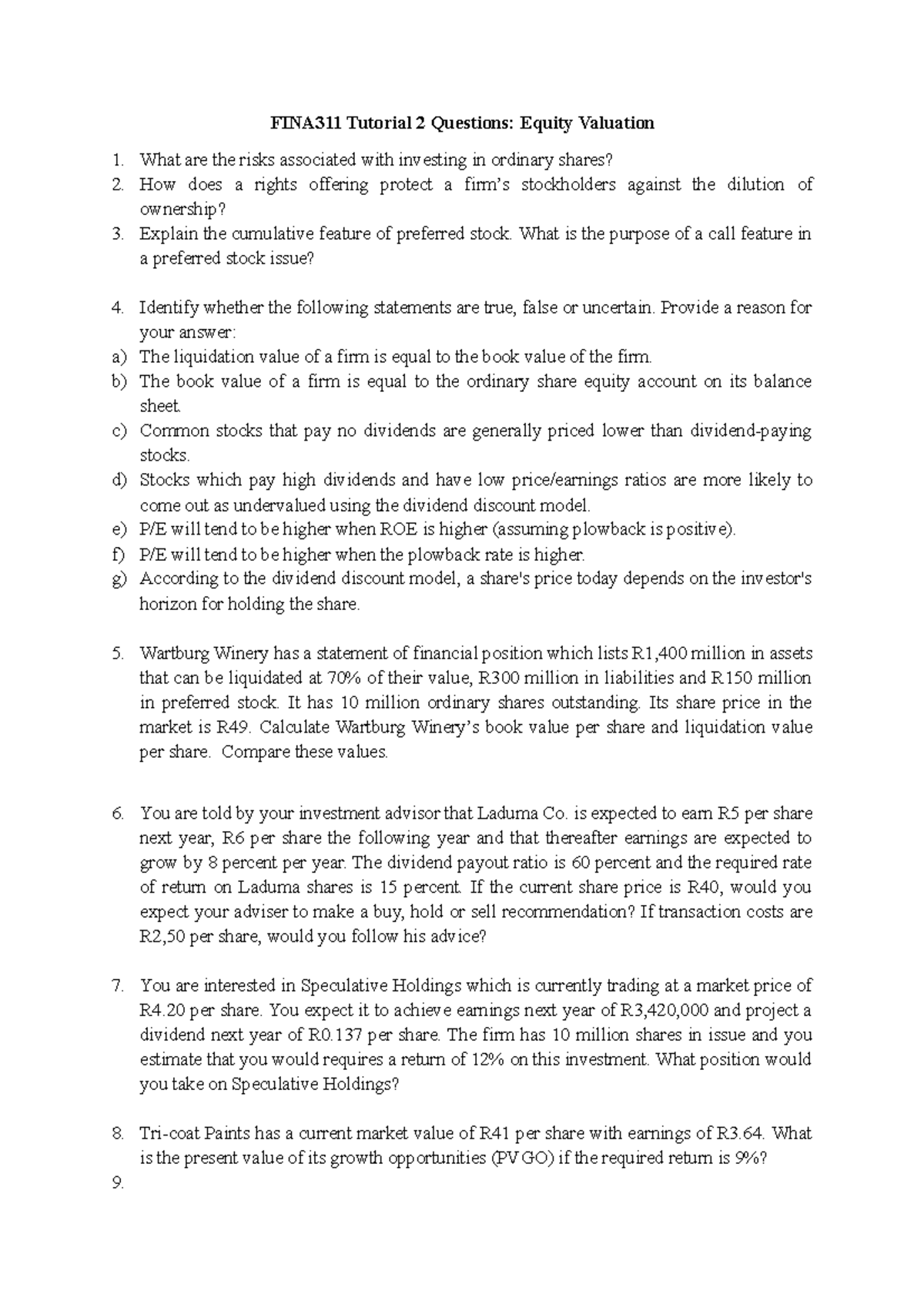 FINA311 Tutorial 2 Questions updated 2023 - FINA311 Tutorial 2 Questions: Equity Valuation What ...