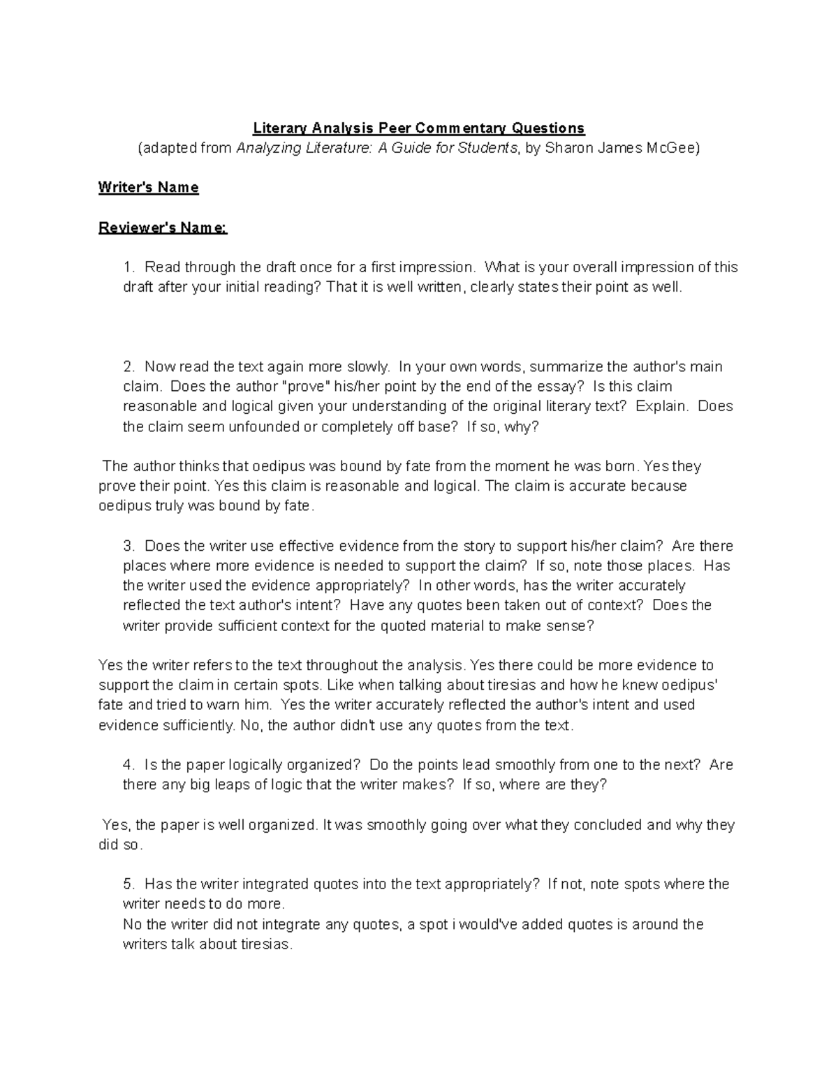 Literary Analysis Peer Commentary Questions - What is your overall ...