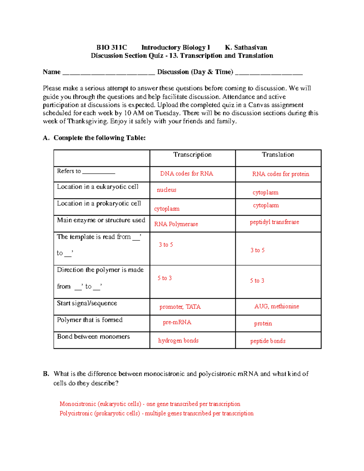 Discussion Worksheet 13 - BIO 311C Introductory Biology I K. Sathasivan ...