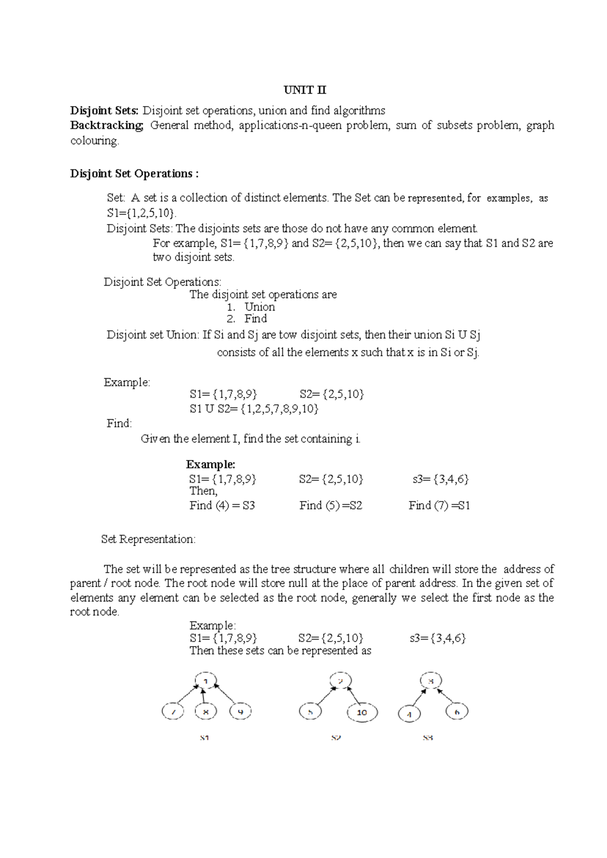 DAA UNIT II - DAA UNIT II - UNIT II Disjoint Sets: Disjoint set operations, union and find - Studocu