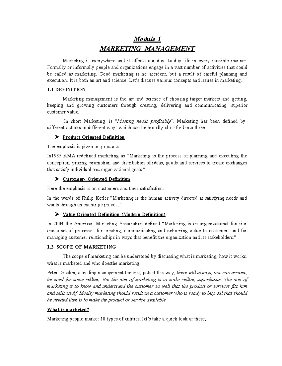Module 1 - Detailed lecture notes - Module 1 MARKETING MANAGEMENT ...