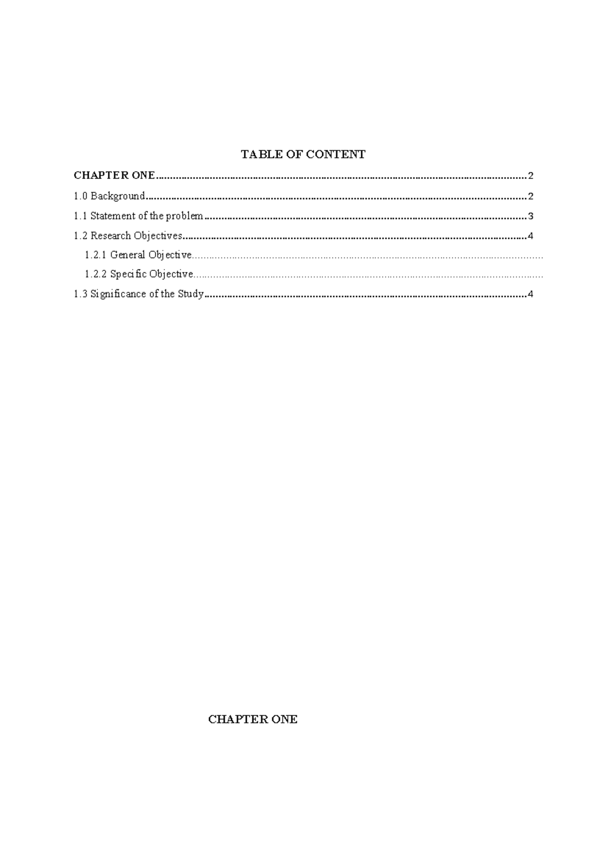 Research Proposal- Chapter ONE final 1-1 - TABLE OF CONTENT CHAPTER - Studocu