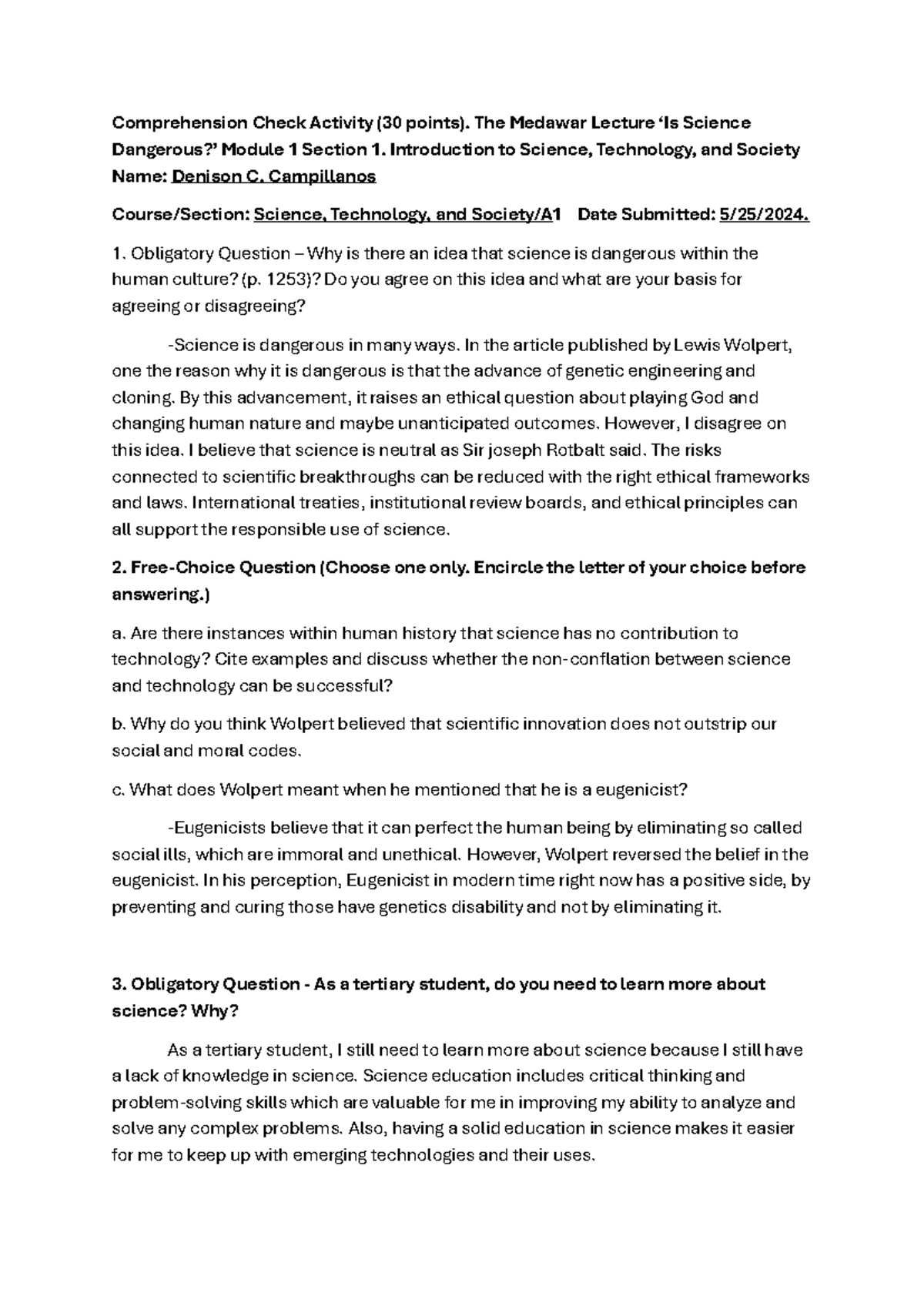 Campillanos-A1-MRR1 STS - Comprehension Check Activity (30 points). The ...