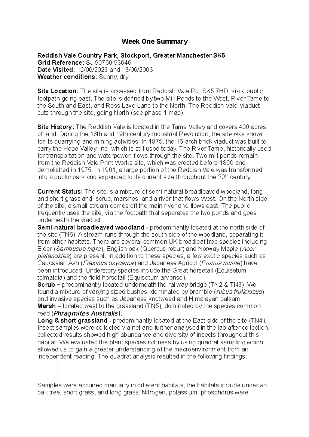 Week One Summary 2 - Week One Summary Reddish Vale Country Park, Stockport, Greater Manchester ...