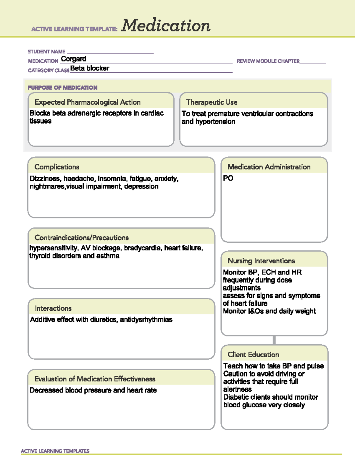 Corgard - Beta blocker and agonist lecture - ACTIVE LEARNING TEMPLATE ...