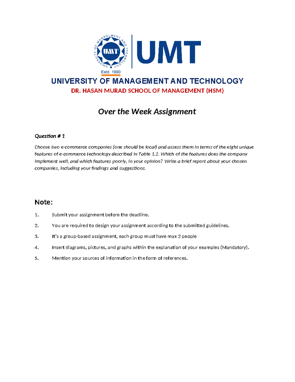 Assignment 1 - Ecom - Notes for you! - UNIVERSITY OF MANAGEMENT AND ...