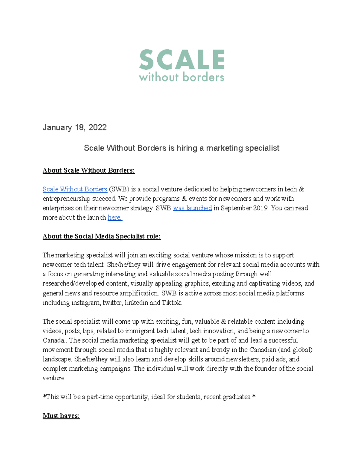 Scale Without Borders - Social Media Specialist - JD - January 18, 2022 ...