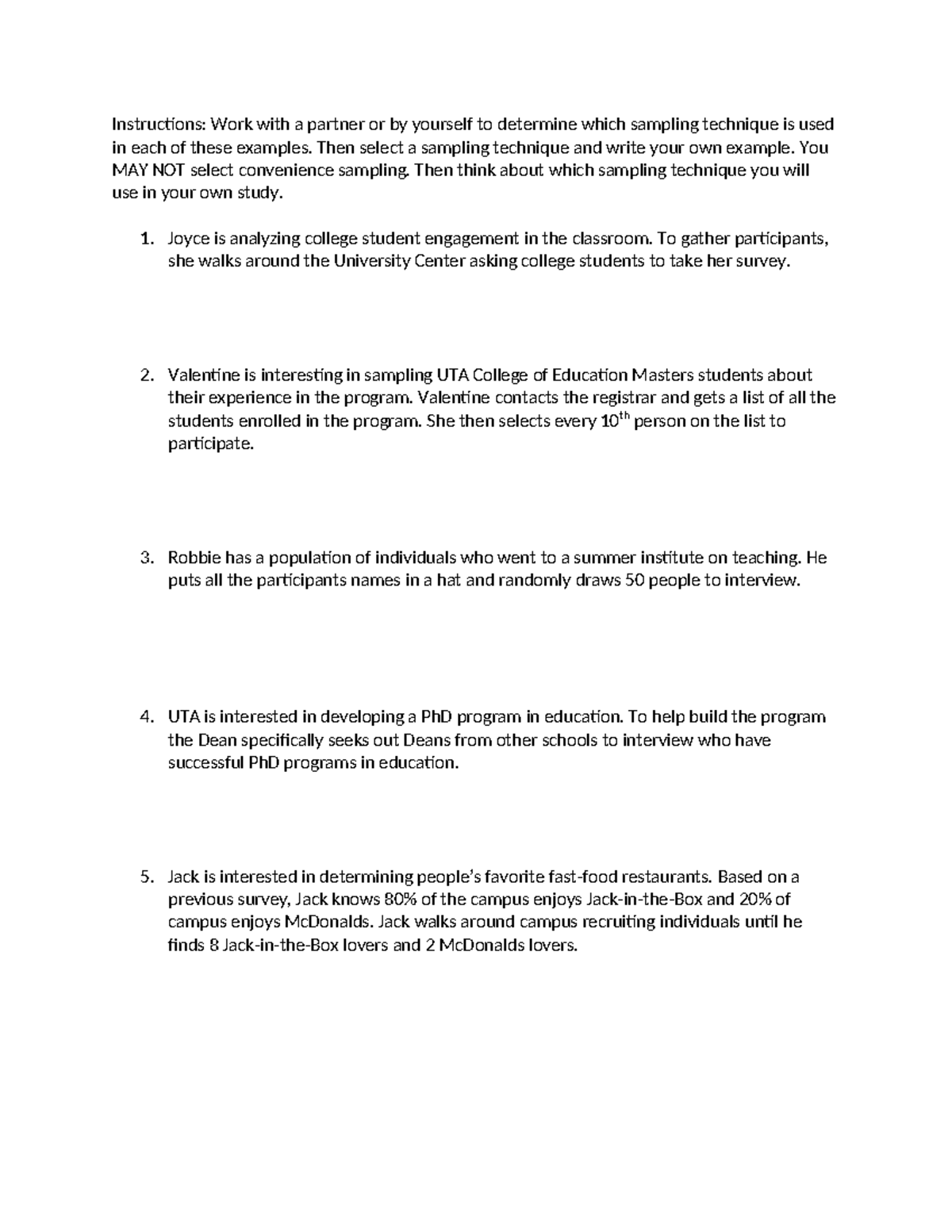 Sampling Technique Activity - Instructions: Work with a partner or by ...