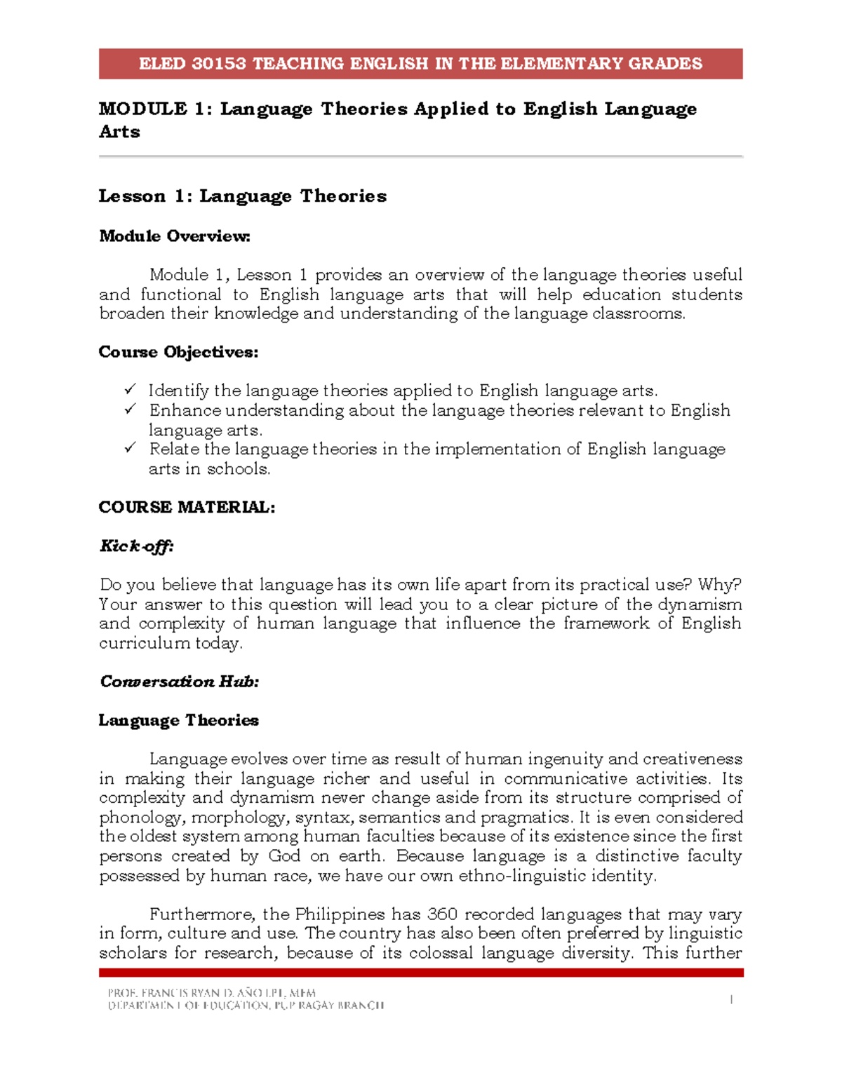 Module 1 Language Theories Applied TO Teaching English Language ARTS ...