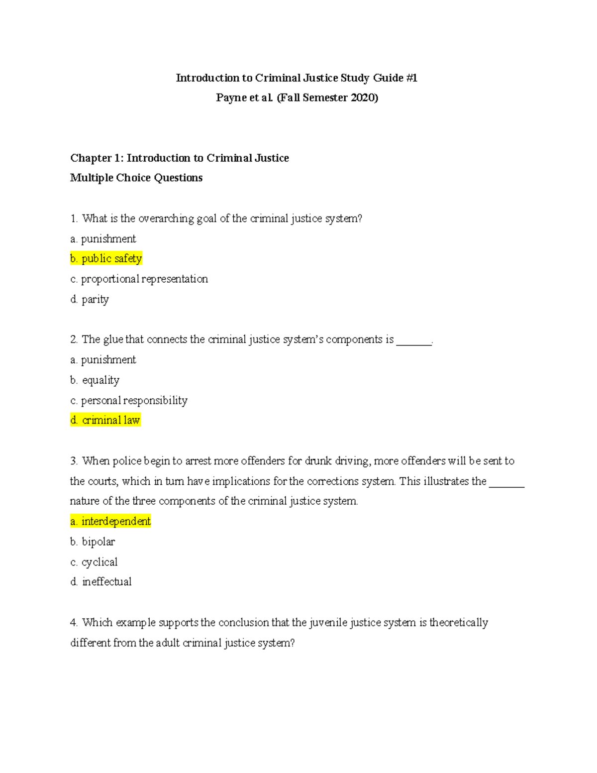 Introduction to Criminal Justice Study Guide # 1 - (Fall Semester 2020 ...