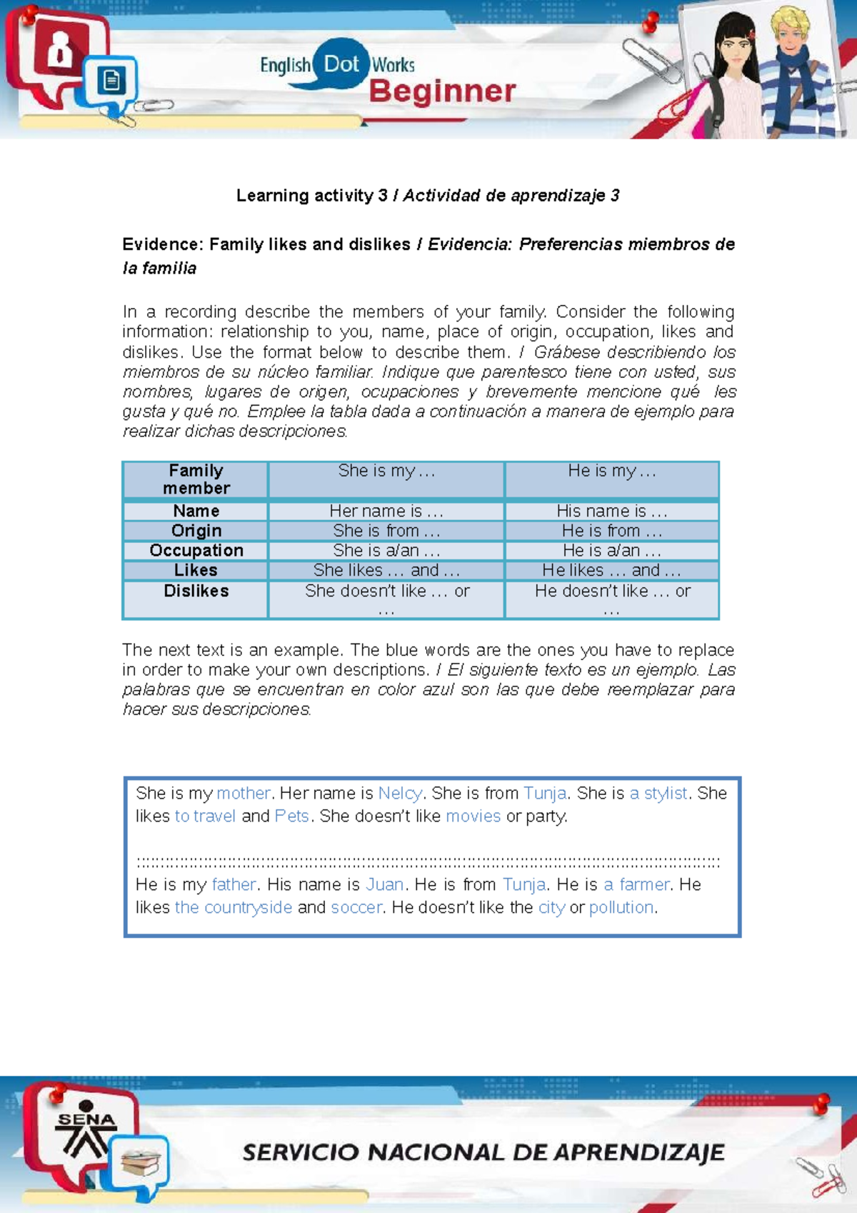 Evidence Family likes and dislikes - Consider the following information ...
