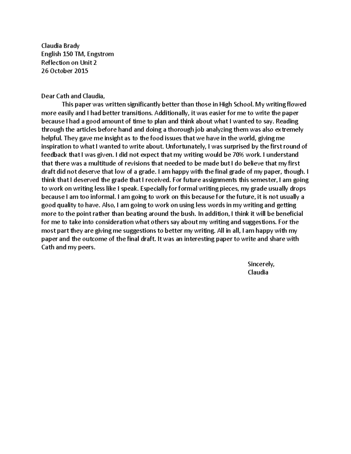 Reflection 2 - Grade: A - Claudia Brady English 150 TM, Engstrom ...