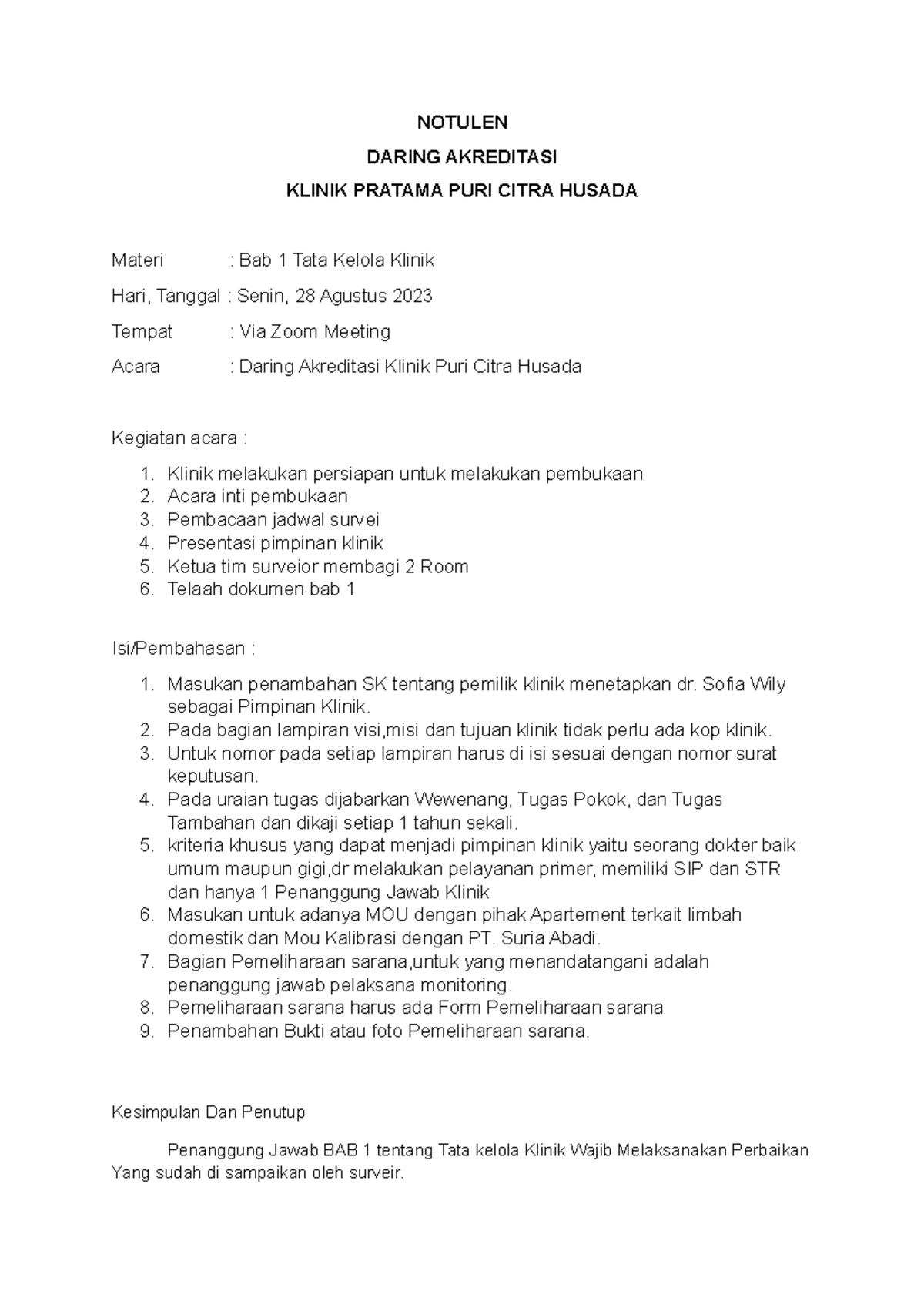 Notulen BAB 1 - NOTULEN DARING AKREDITASI KLINIK PRATAMA PURI CITRA ...