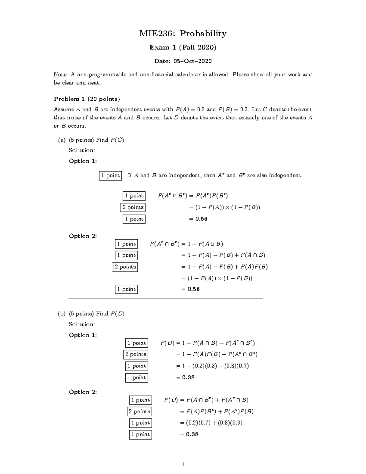 MIE236H1 2020 Exam 1 Solutions - MIE236: Probability Exam 1 (Fall 2020 ...