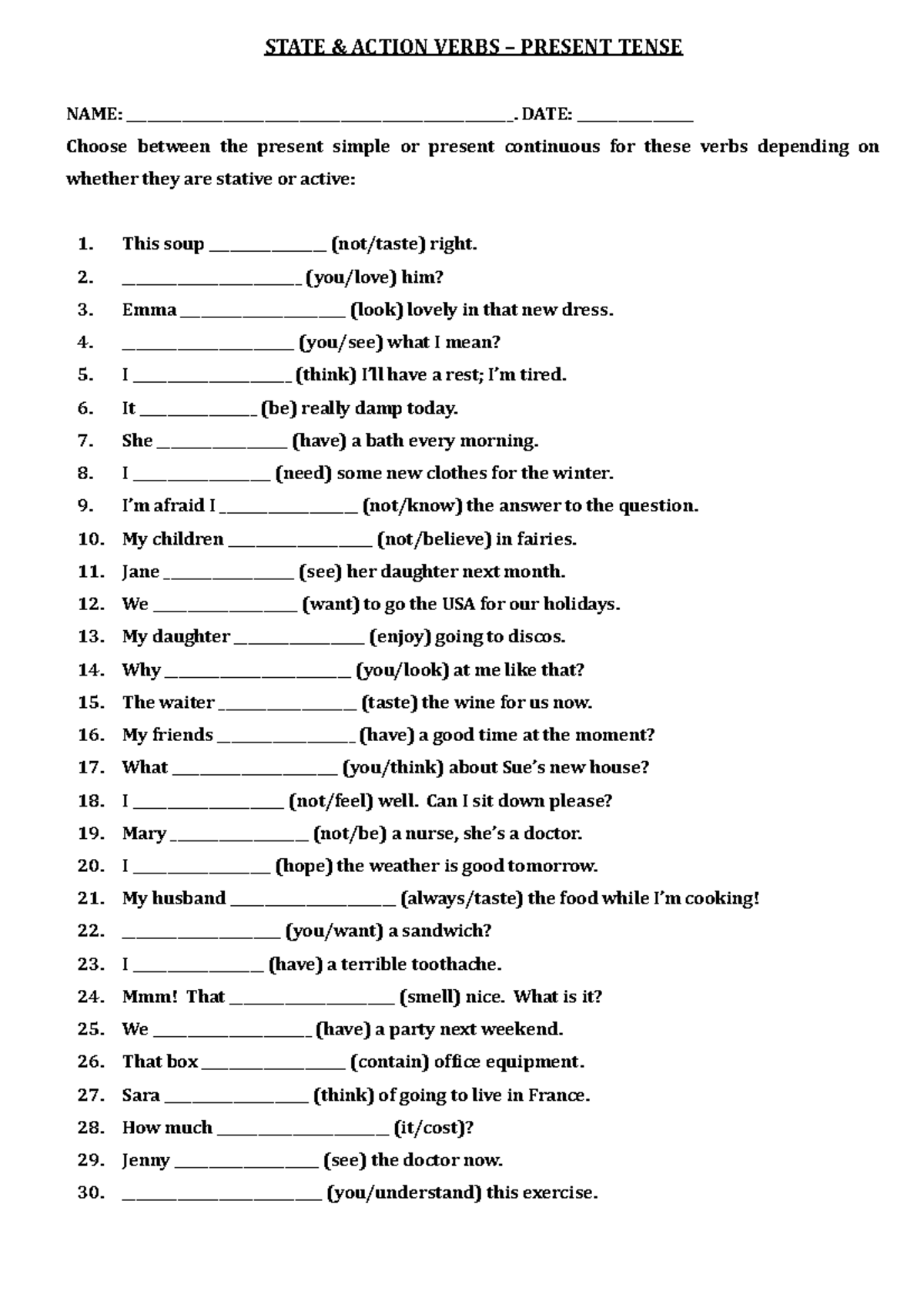 9. State Action Verbs – Present Tense - STATE & ACTION VERBS – PRESENT ...