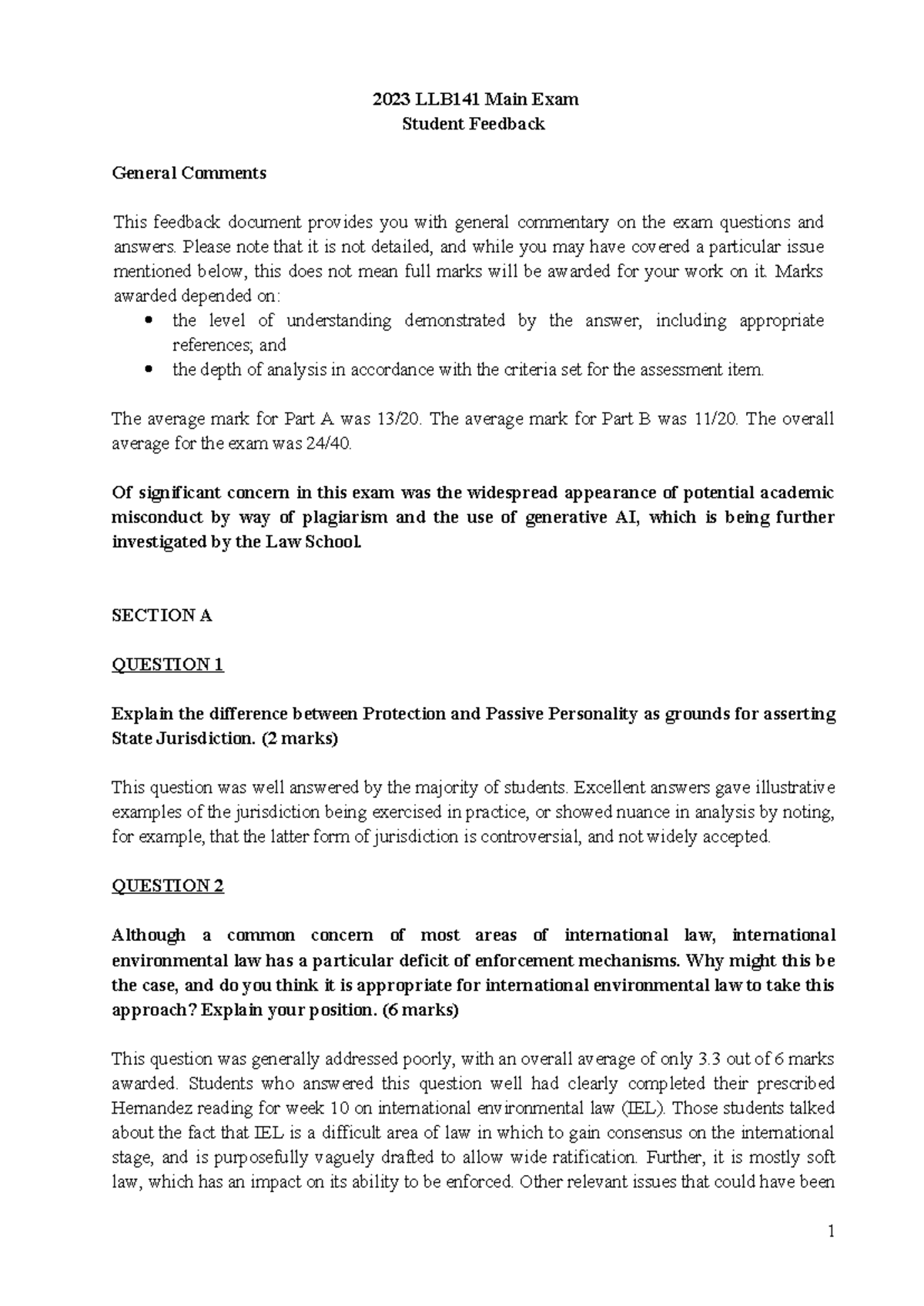 2023 Exam Feedback - 2023 LLB141 Main Exam Student Feedback General ...