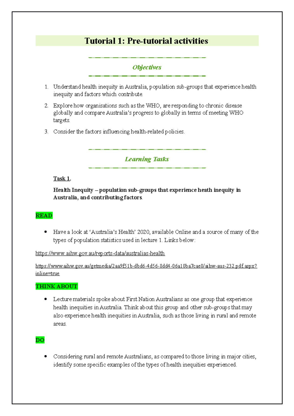 Tutorial 1- introduction activities - Tutorial 1: Pre-tutorial ...
