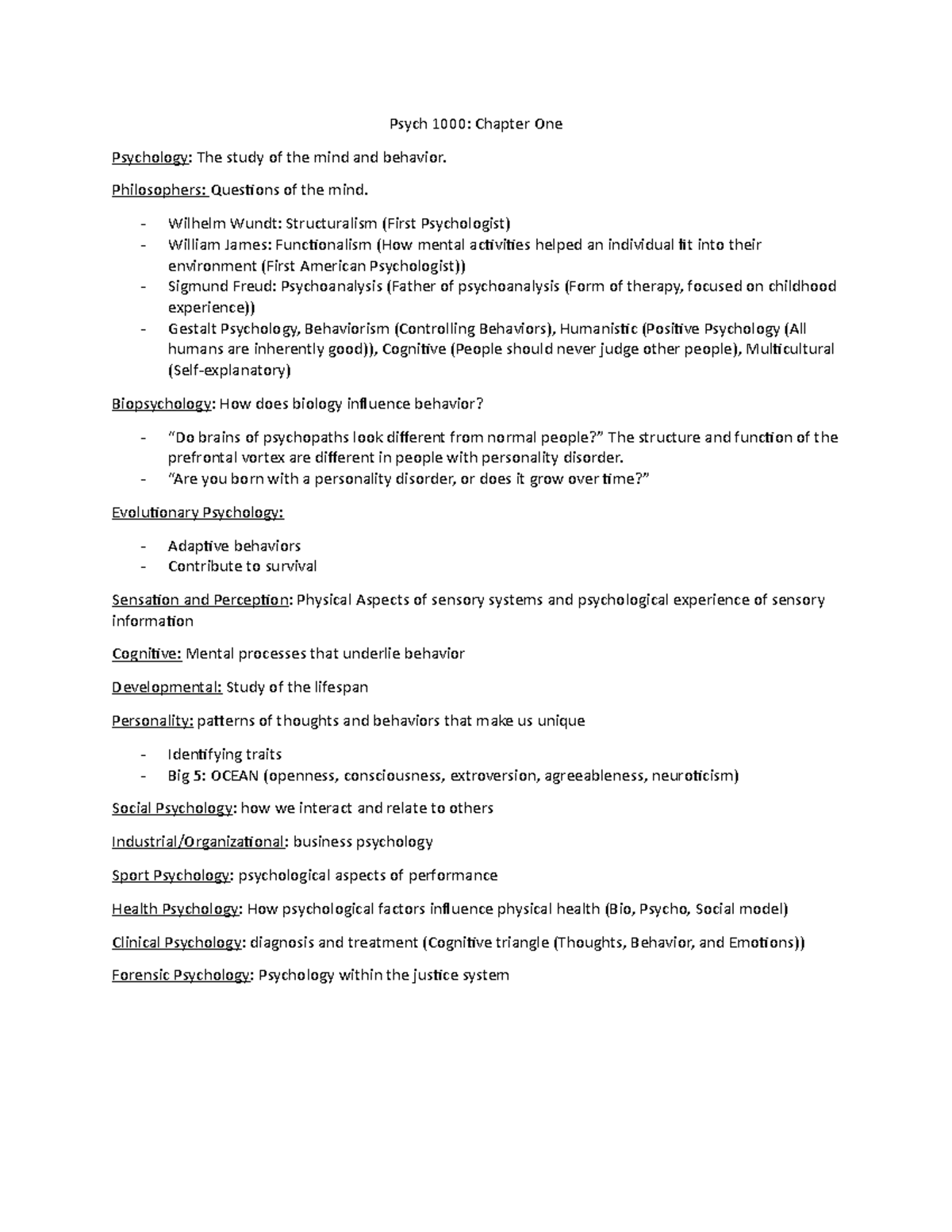 Chapter One Psych 1000 Notes - Psych 1000: Chapter One Psychology: The ...
