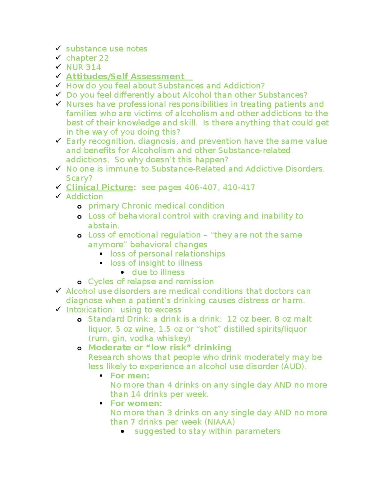 Substance use notes - substance use notes chapter 22 NUR 314 Attitudes ...